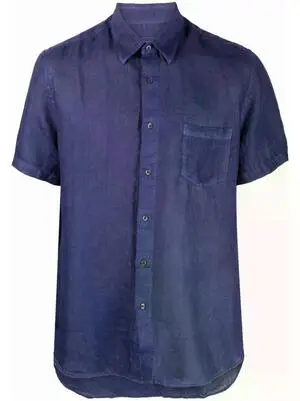 120% Lino Slub-texture Short-sleeved Linen Shirt - Blue