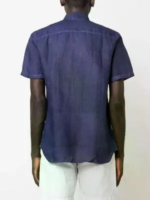 120% Lino Slub-texture Short-sleeved Linen Shirt - Blue