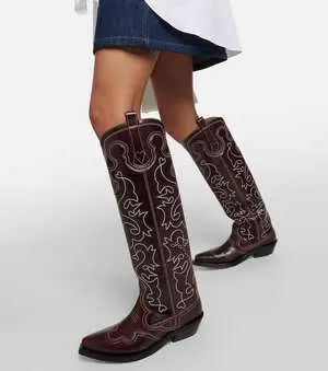 GANNI Embroidered Leather Cowboy Boots