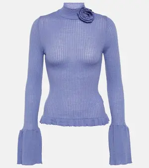 Blumarine Ruffle-trimmed Ribbed Wool Sweater - Blue