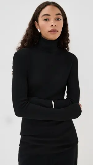 Tibi Feather Weight Ribbed Turtleneck Pullover - Black