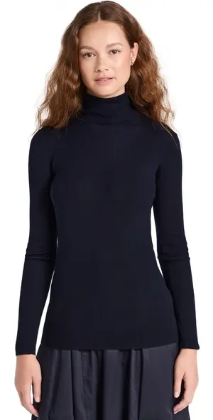 Tibi Feather Weight Ribbed Turtleneck Pullover Navy