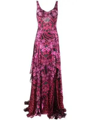 Versace Orchid Barocco-print Ruffled Silk Dress - Black