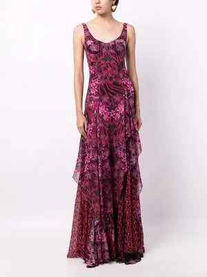 Versace Orchid Barocco-print Ruffled Silk Dress