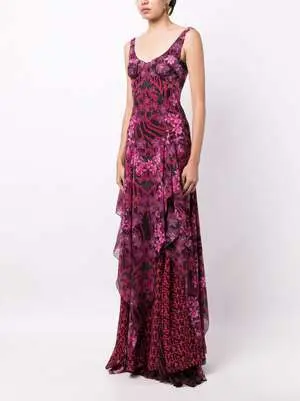 Versace Orchid Barocco-print Ruffled Silk Dress