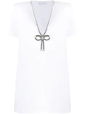 AREA Crystal-embellished V-neck Mini Dress - White