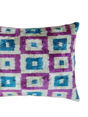 LES-OTTOMANS Geometric-print Velvet Cushion - Blue