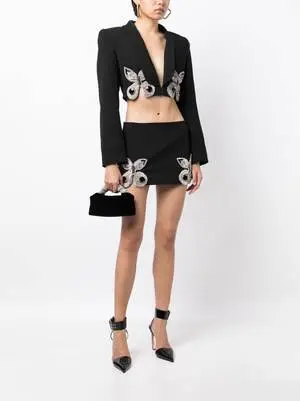 AREA Butterfly-embroidered Cropped Blazer - Black