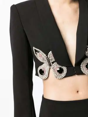 AREA Butterfly-embroidered Cropped Blazer - Black