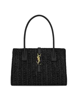 Saint Laurent Women's Panier Rectangular Bag In Raffia And Aged Leather - Black - Black
