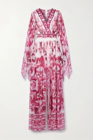 Dolce & Gabbana Majolica Belted Printed Silk-chiffon Jumpsuit - Pink