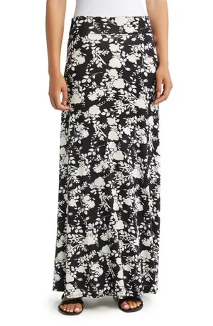 Loveappella Floral Roll Top Maxi Skirt Black/ Ivory