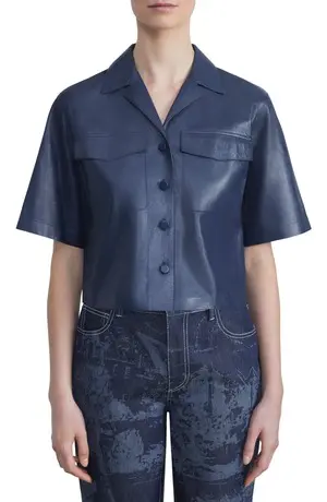 Lafayette 148 New York Short Sleeve Lambskin Leather Crop Jacket