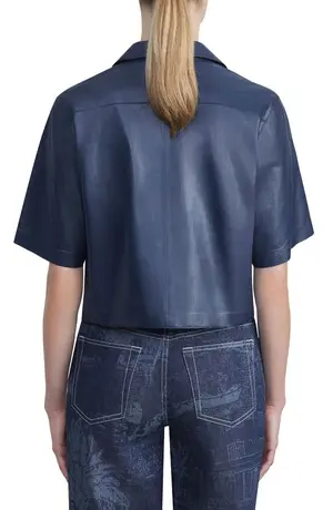 Lafayette 148 New York Short Sleeve Lambskin Leather Crop Jacket