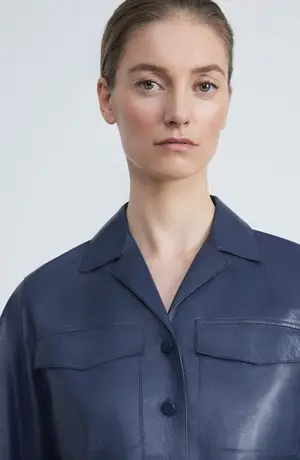 Lafayette 148 New York Short Sleeve Lambskin Leather Crop Jacket