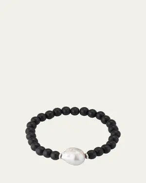JAN LESLIE Onyx Beaded Bracelet With Pearl Center - Black