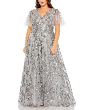 Mac Duggal High Neck Flutter Sleeve Embroidered A-line Gown - Grey