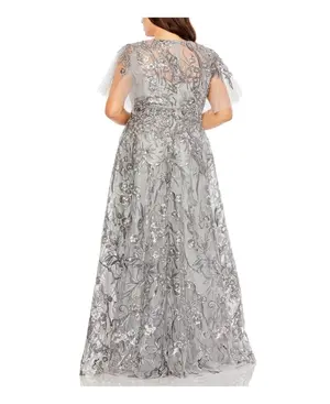 Mac Duggal High Neck Flutter Sleeve Embroidered A-line Gown - Grey