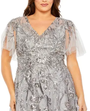 Mac Duggal High Neck Flutter Sleeve Embroidered A-line Gown - Grey