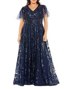Mac Duggal High Neck Flutter Sleeve Embroidered A-Line Gown Midnight