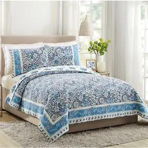 DENA HOME Bisou Floral Cotton Quilt Set, King - Blue