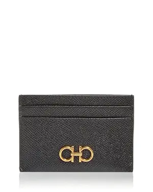 FERRAGAMO Salvatore Gancini Leather Card Case - Nero/gold