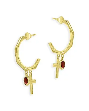 Bloomingdale'S Garnet And Cross Hoop Earrings - Gold