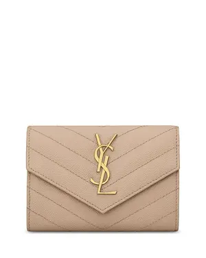 Saint Laurent Cassandre Matelasse Small Envelope Wallet Dark Beige Grain Leather/gold