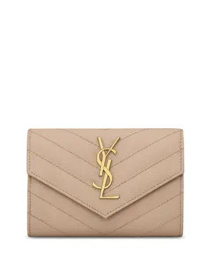 Saint Laurent Cassandre Matelasse Small Envelope Wallet Dark Beige/gold Grain Leather
