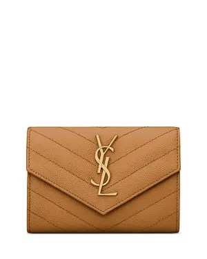 Saint Laurent Cassandre Matelasse Small Envelope Wallet Dark Natural Grain Leather/gold