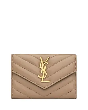 Saint Laurent Cassandre Matelasse Small Envelope Wallet Tan Lambskin/gold