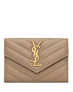 Saint Laurent Cassandre Matelasse Small Envelope Wallet Tan/gold Lambskin
