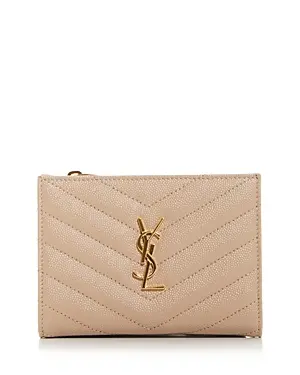 Saint Laurent Cassandre Matelasse Fragments Zipped Bi-fold Wallet Dark Beige/gold