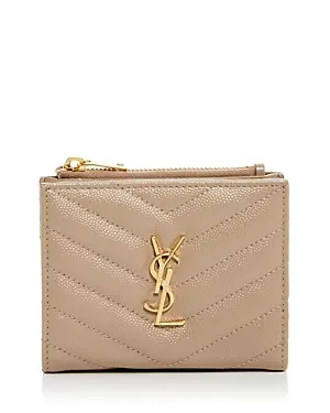 Saint Laurent Cassandre Matelasse Bi-Fold Wallet Dark Beige/gold