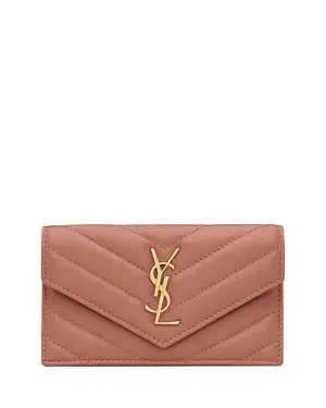 Saint Laurent Cassandre Matelasse Fragments Flap Card Case - Barely Pink Lambskin/gold