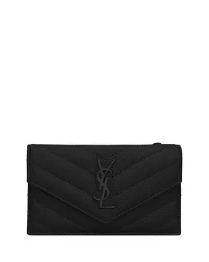 Saint Laurent Cassandre Matelasse Fragments Flap Card Case - Black Grain Leather/black