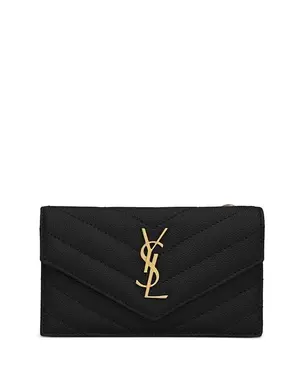 Saint Laurent Cassandre Matelasse Fragments Flap Card Case - Black Grain Leather/gold