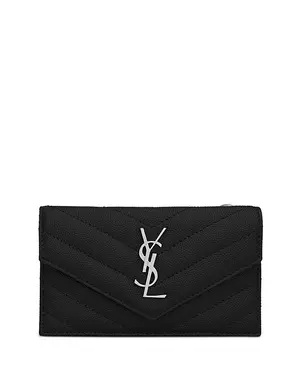 Saint Laurent Cassandre Matelasse Fragments Flap Card Case - Black Grain Leather/silver