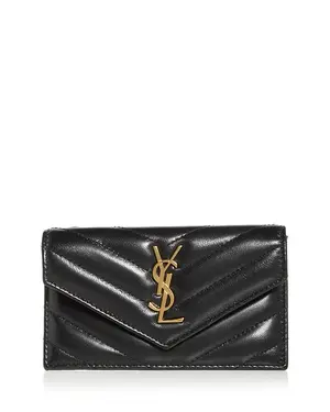 Saint Laurent Cassandre Matelasse Fragments Flap Card Case - Black Lambskin/gold