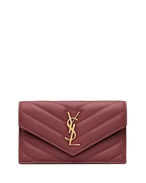 Saint Laurent Cassandre Matelasse Fragments Flap Card Case Rouge Merlot Lambskin/gold