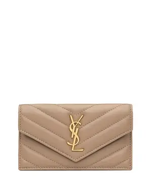 Saint Laurent Cassandre Matelasse Fragments Flap Card Case Tan Lambskin/gold