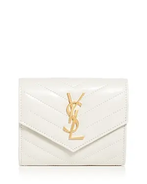 Saint Laurent Monogram Small Envelope Quilted Leather Wallet White/gold