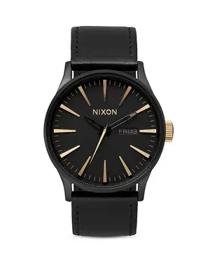 Nixon Sentry Leather Strap Watch 42mm - Black