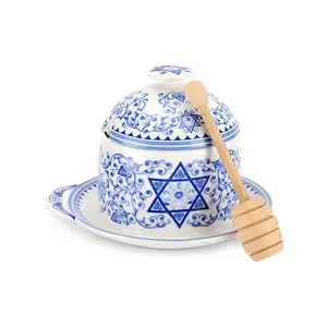 SPODE Judaica Honey Pot With Drizzler - Blue/white