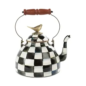 MACKENZIE-CHILDS Courtly Check Enamel 3 Qt. Tea Kettle With Bird Black/white
