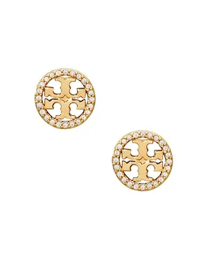 Tory Burch Crystal Circle Logo Stud Earrings - Clear/gold
