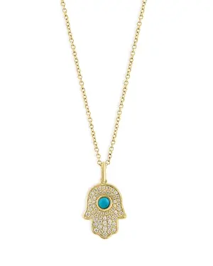 Bloomingdale'S 14k Yellow Gold Turquoise And Diamond Hamsa Pendant Necklace - Blue/gold