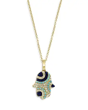 Bloomingdale'S 14k Yellow Gold Hamsa Hand Pendant Necklace - Blue/gold