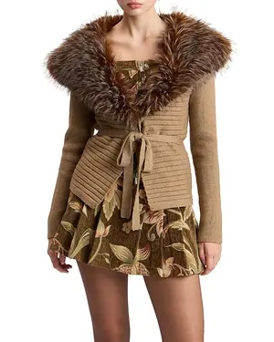 Avec Les Filles Faux Fur Collar Tie Cardigan Sweater