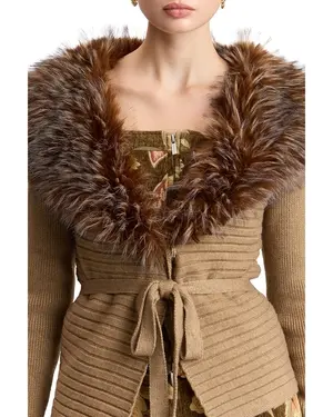 Avec Les Filles Faux Fur Collar Tie Cardigan Sweater